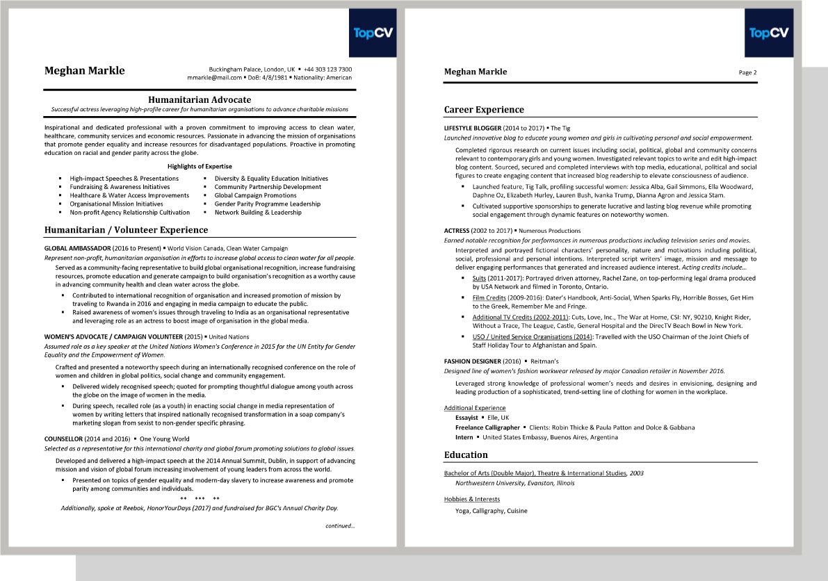 Meghan Markle's CV: a makeover before her big day | TopCV