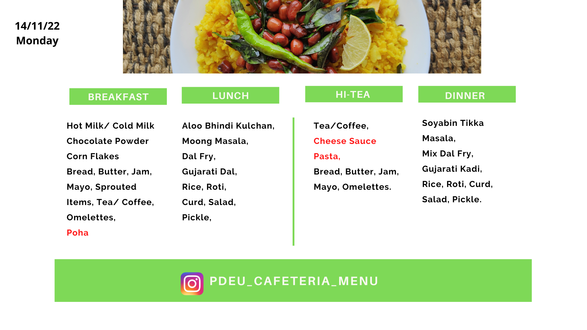 Daily newsletter of PDEU Cafeteria Menu - 14/11/2022
