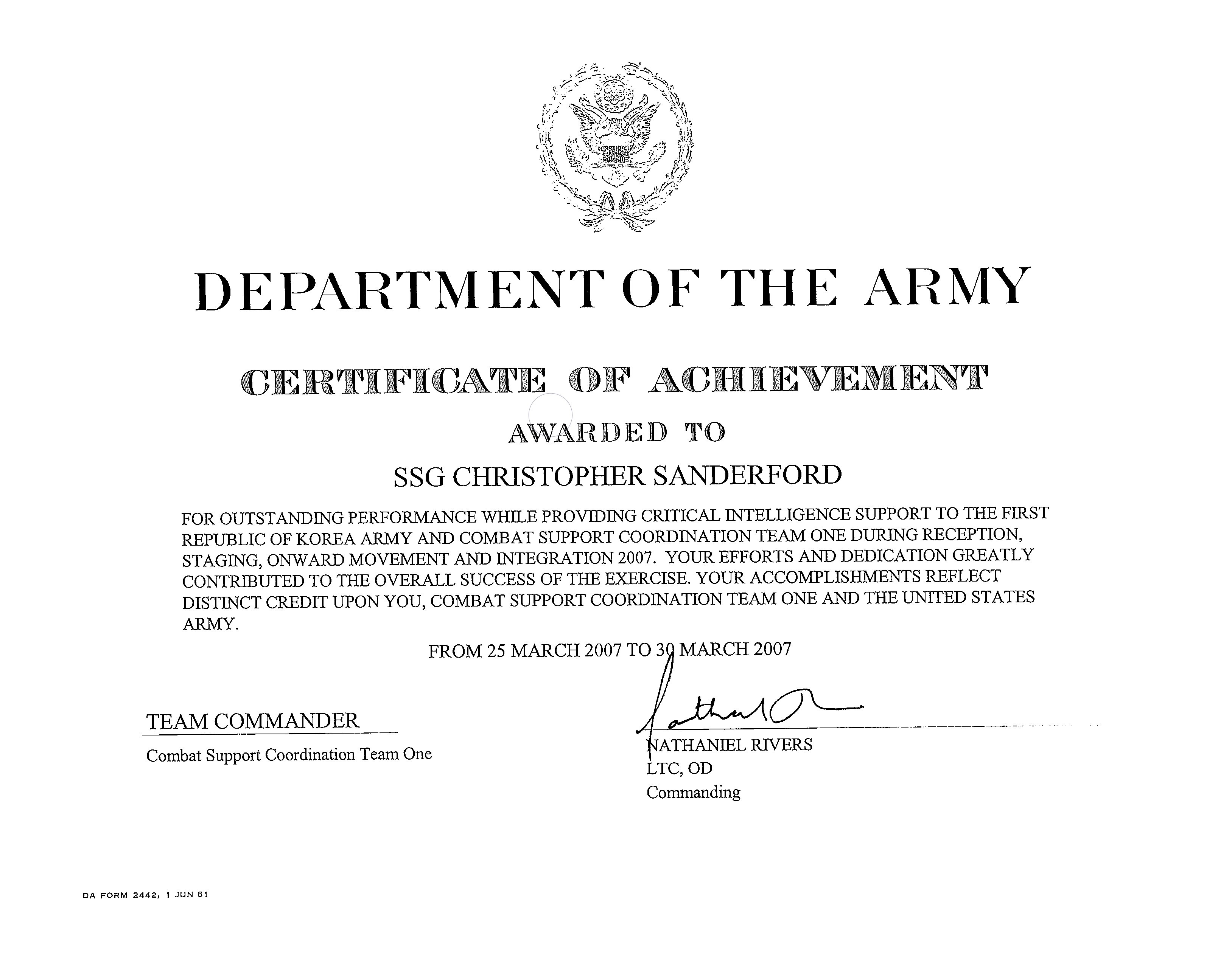 Da Form 2442 Certificate Of Achievement Template