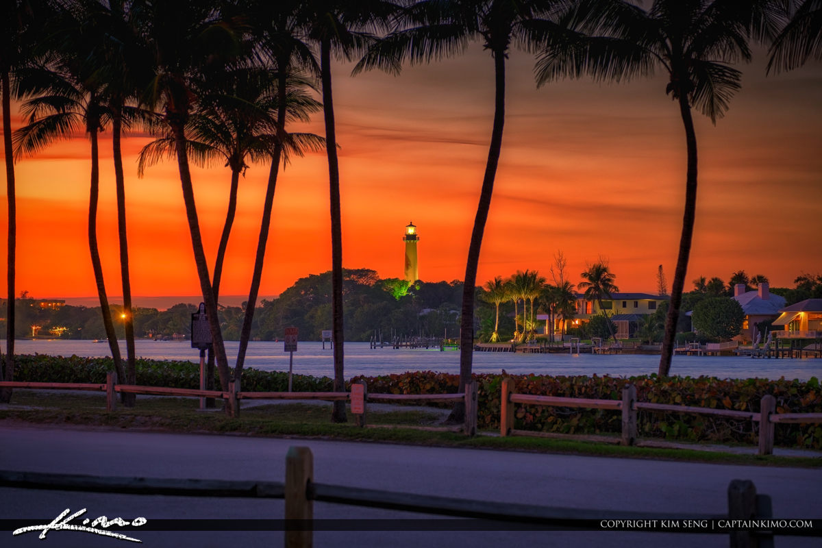 Jupiter Inlet Lighthouse and Museum Sunset Red Colors | Royal Stock Photo