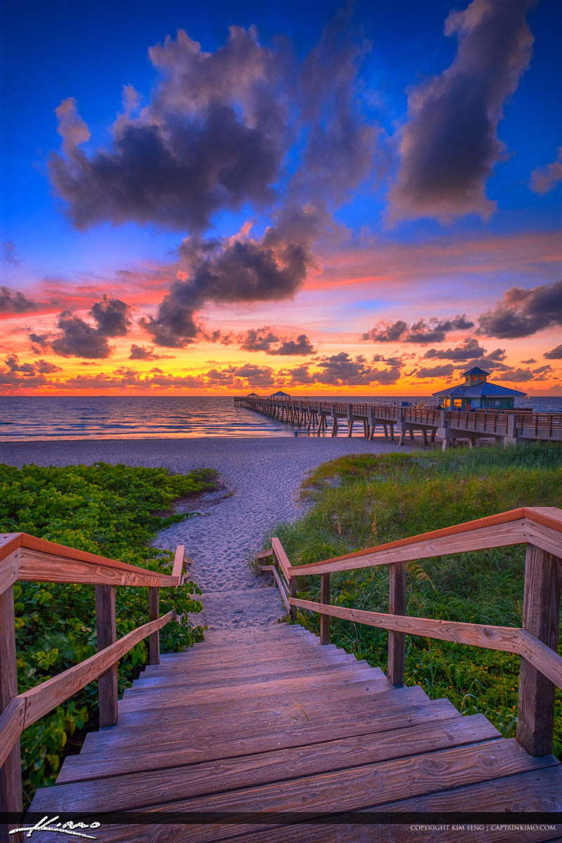 Stairs Down to Beach Juno Beach Pier Sunrise | Royal Stock Photo