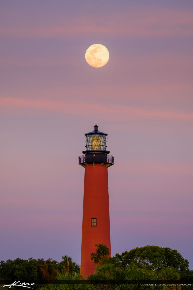 Jupiter Lighthouse Pink Moon Rise April 2018 | Royal Stock Photo