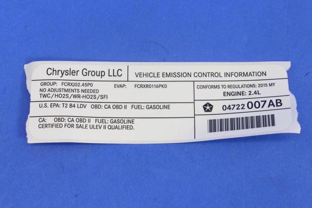 2015 Chrysler 200 Veci Label Label 4722007AB Mopar | JCDR Parts