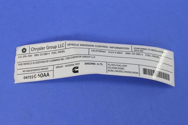 2013 Ram 2500 Vehicle Emission Control Information Label 4722060AA ...