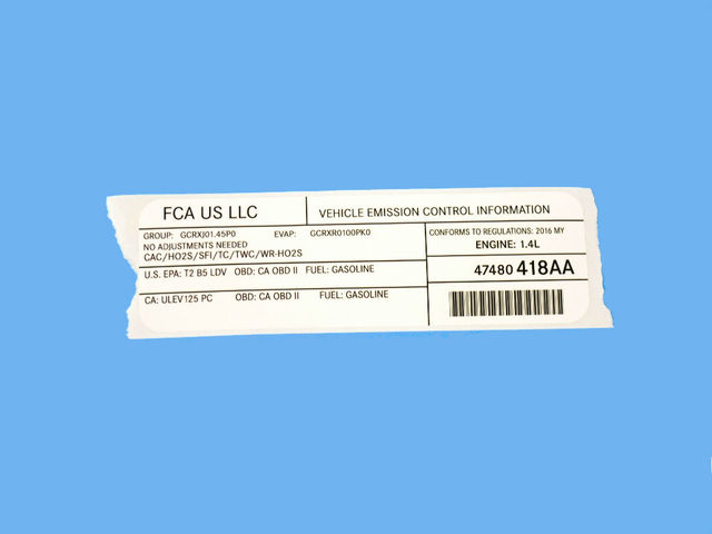 2016 Fiat 500 Vehicle Emission Control Information Label 47480418AA ...