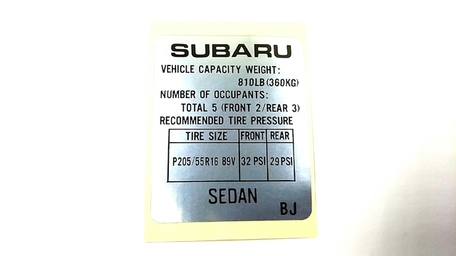 1998-2001 Subaru Impreza Tire Info Label 28191FA580 | TascaParts.com