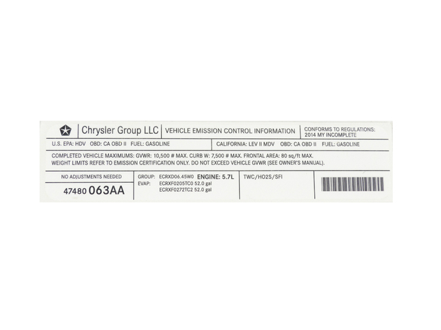 2014 Ram 3500 Vehicle Emission Control Information Label 47480063AA ...