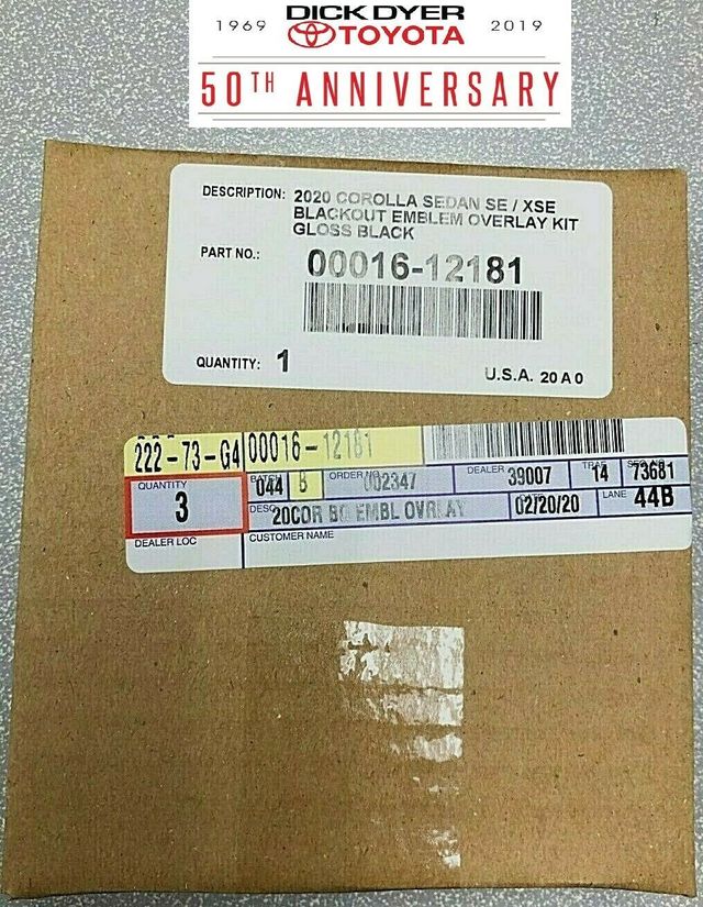 00016-12181 - 2020 TOYOTA COROLLA SE / XSE BLACK OUT EMBLEM OVERLAY KIT ...