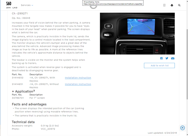 31414652 - Rear Parking Assistance Camera - KIT - 2011-2014 Volvo S60 ...