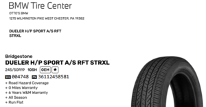 36-11-2-458-581 - Bridgestone Dueler H P Sport 245/50r19 RFT | BMWPartsHub