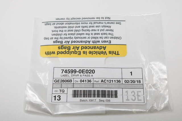 74599-0E020 - Air Bag Label 2004-2025 Toyota | Longo Toyota Parts