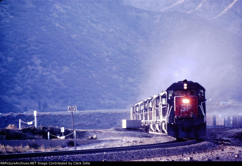SP freight climbing Cajon Pass with quite a few units on headend
