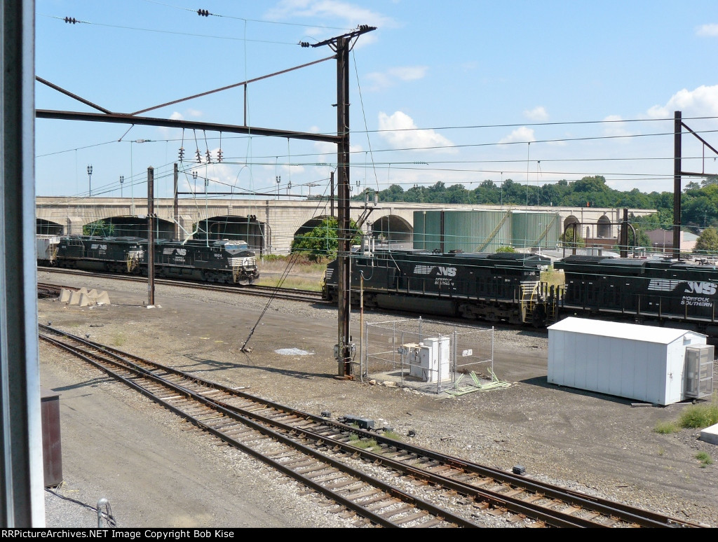 Two oil trains meet in front of Harris tower, as seen from the operator ...