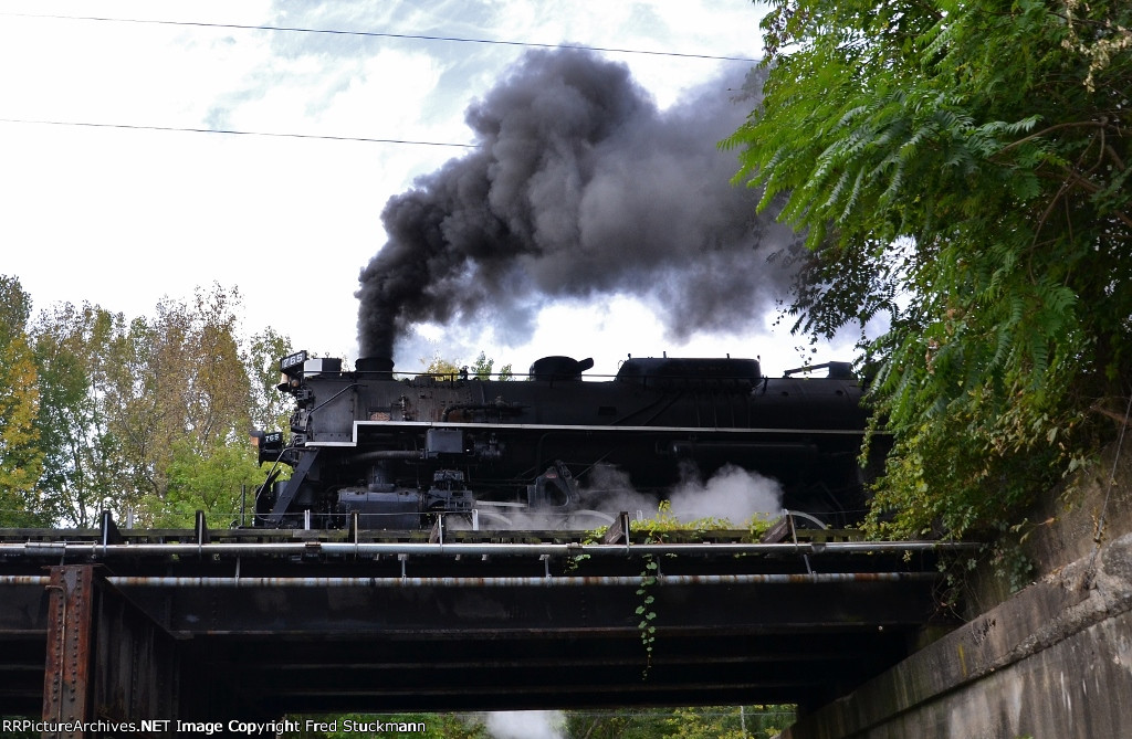 NKP 765 has stopped across Furnace St. bridge.