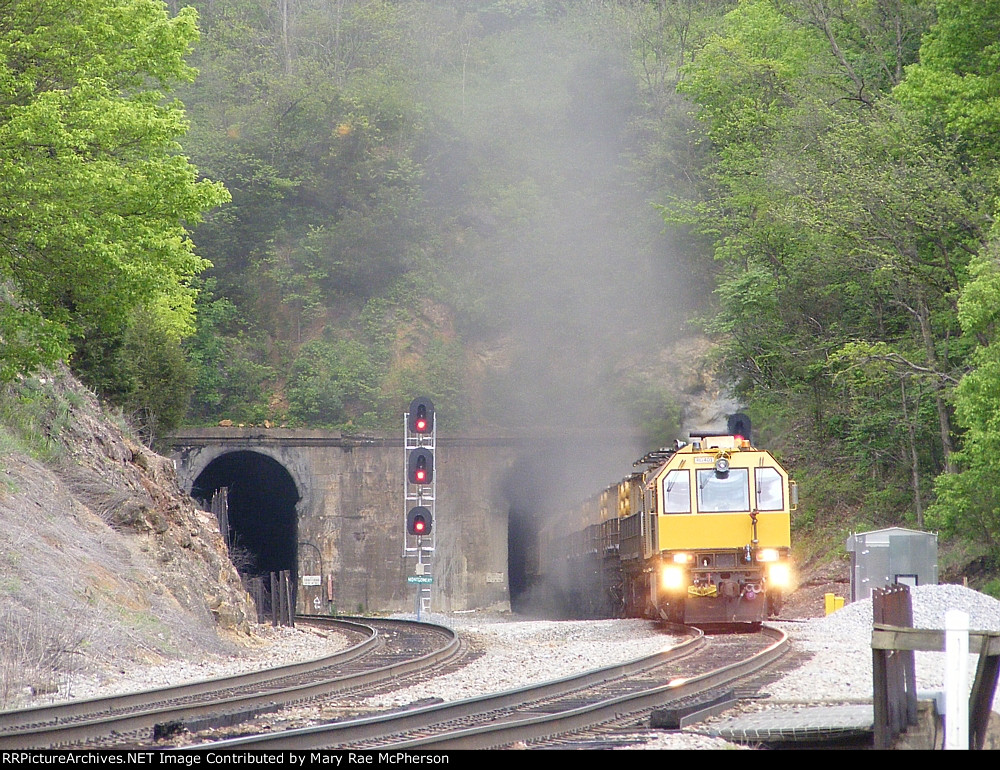 A Loram rail grinder exits Montomegry Tunnel