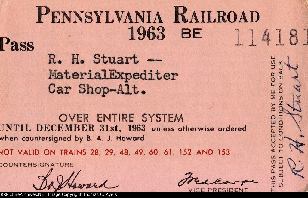 PRR Employe R.H. Stuart Pass, Front Side, 1963