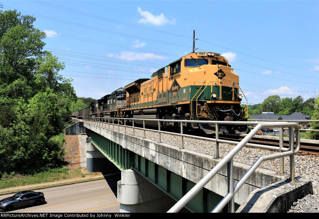 NS 1067 leading NS coal train 816 over S. Peters Rd.