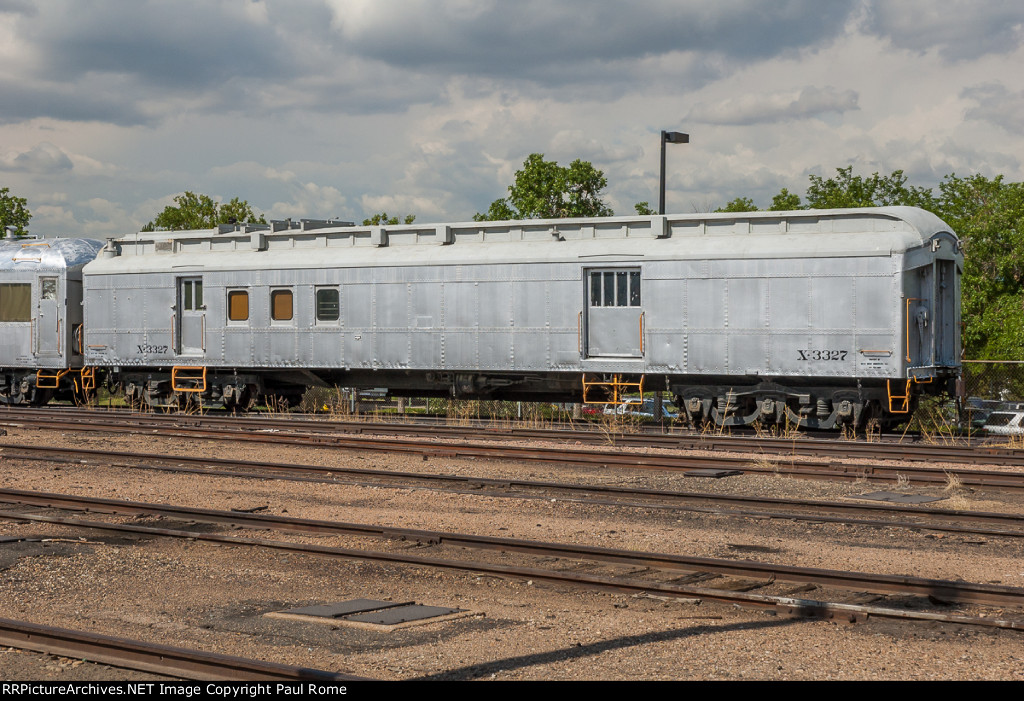 DRGW RGX-3327, MofW tool car, ex 1914 baggage-mail-RPO car at Burnham Shop