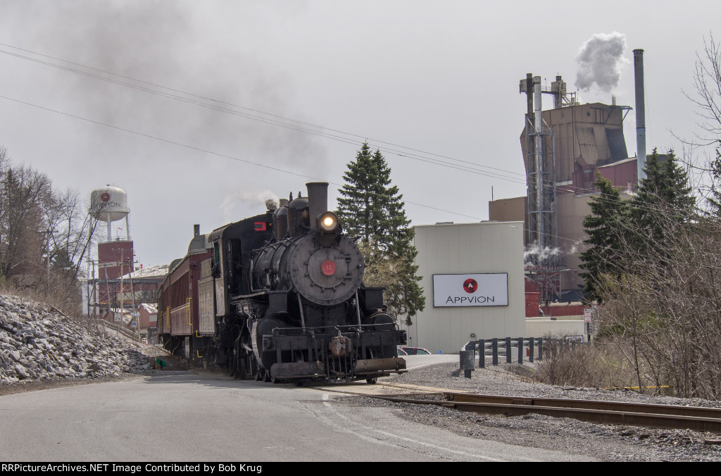 EV 11 passing the Apvion Paper Mill in Roaring Spring