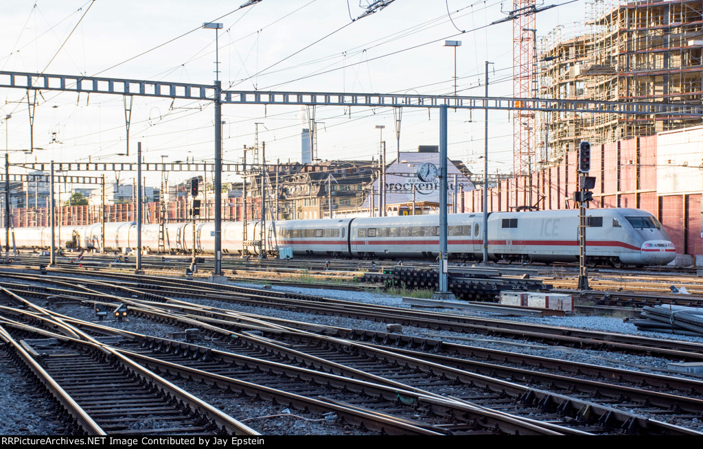 An ICE train for Germany departs Zurich in the evening hours