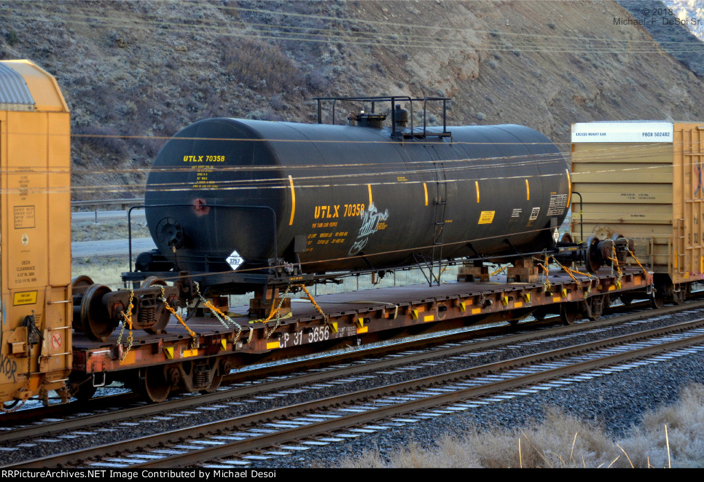 "A Different Kind Of TOFC" Tank car (UTLX #70358) on a flatcar (CP ...