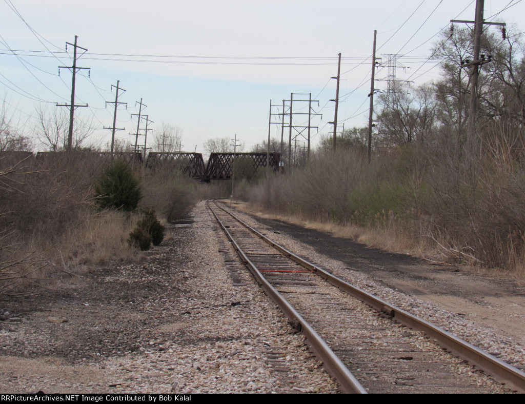 Looking North at Keystone Steel & Wire Yard & Trestle down tracks