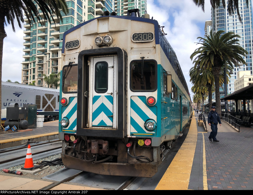 Front View of Coaster Bombardier BiLevel Cab Car #2308