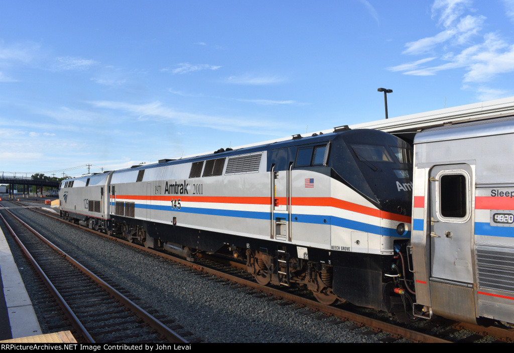 Amtrak P42 # 145 is the trailing unit on tonights train