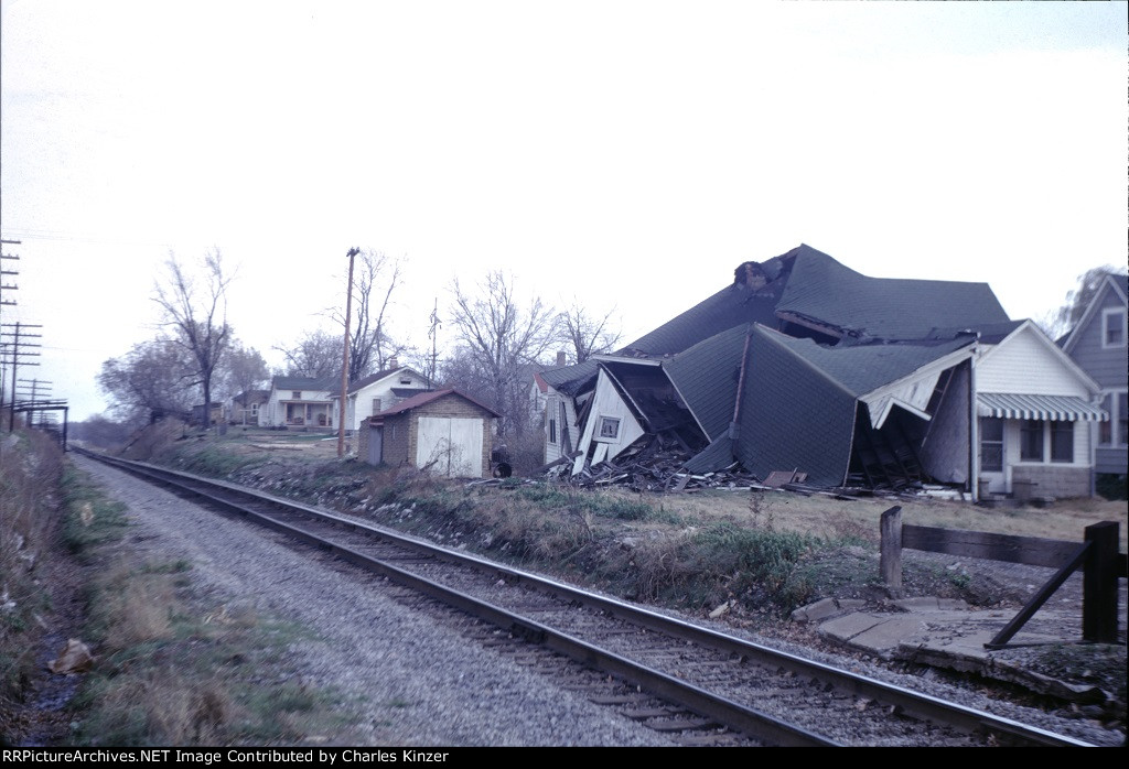 Bridge and house damaged by Pennsylvania RR derailment in Vandalia, IL