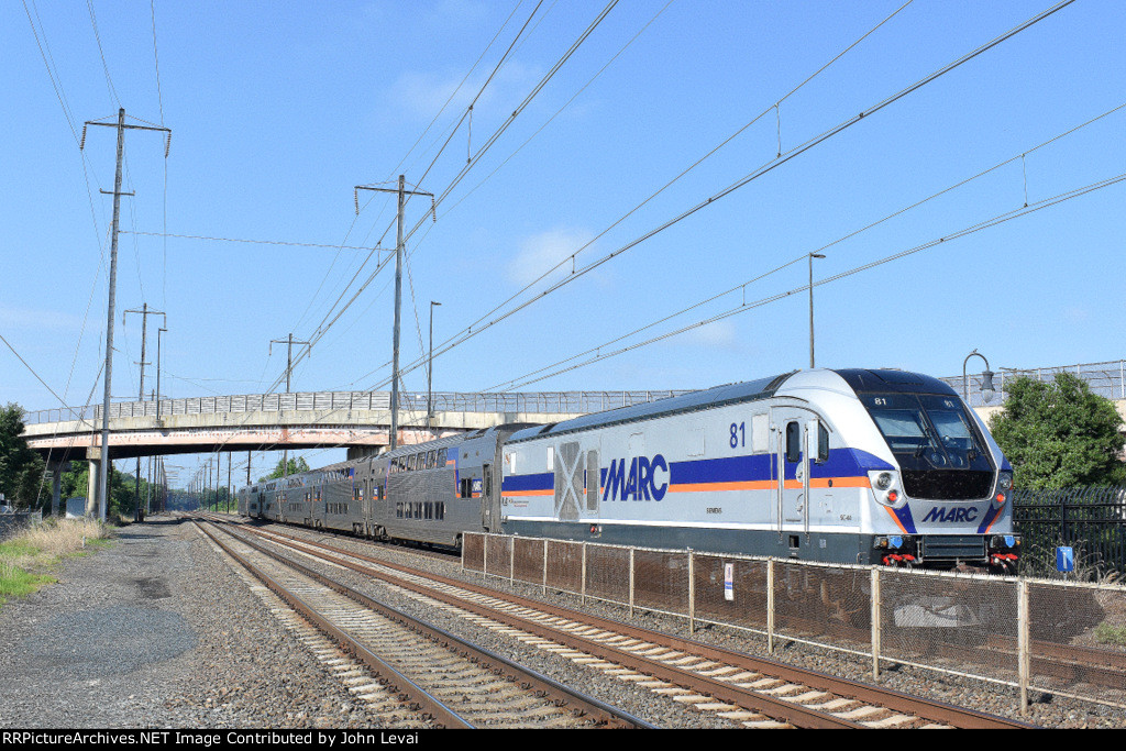Charger # 81 pushing on the rear of MARC Train # 525 out of Aberdeen ...