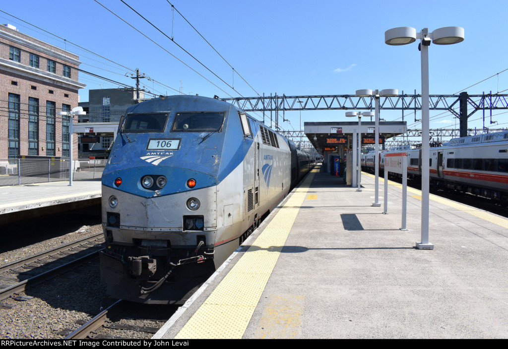 Amtrak P42 # 106 is on the rear of Amtrak Shuttle Train # 460 at NHV.