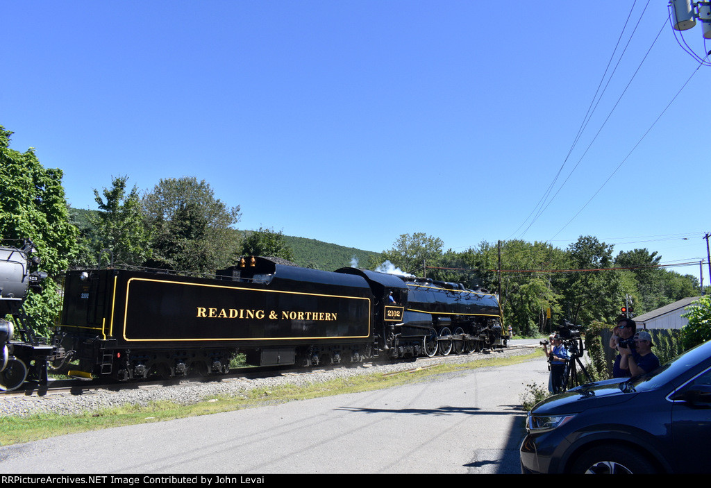 Side/rear view of the 2102 steam locomotive