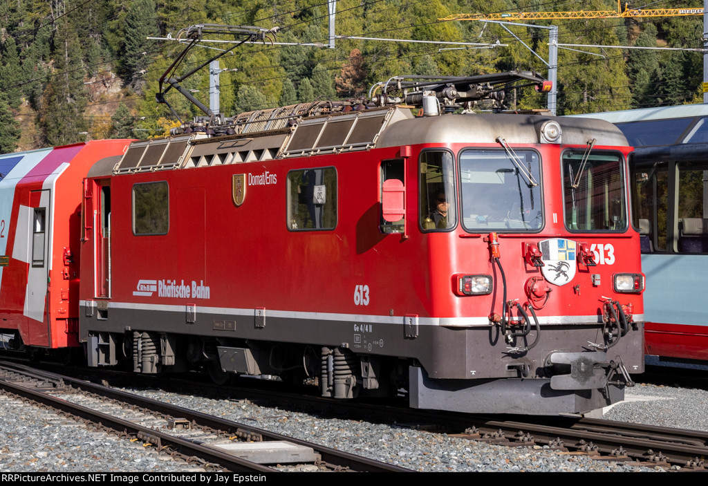 Ge 4/4 II #613 leads the Glacier Express into St. Moritz