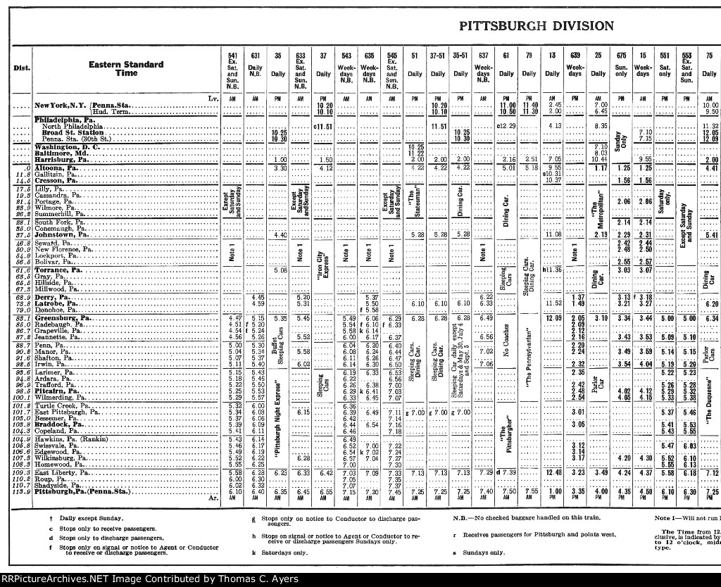 PRR Time Tables: Pittsburgh Division, Side A, Frame #1 of 2, 1948