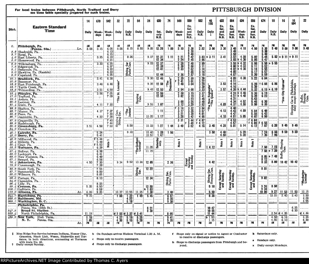PRR Time Table: Pittsburgh Division, Side B, Frame #1 of 2, 1948
