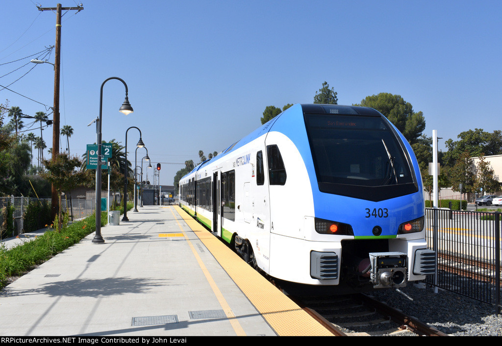 Arrow train at Redlands-University Station shortly after having arrived ...