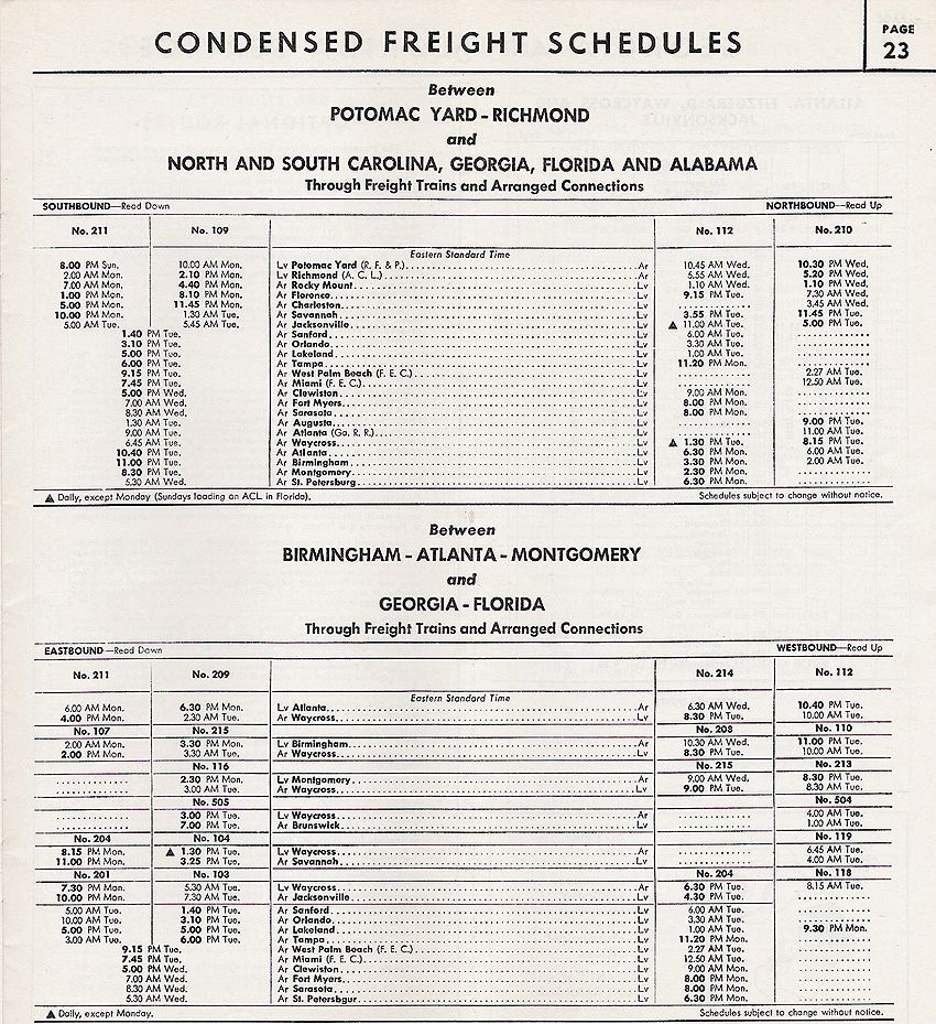1961 ACL Condensed Freight Schedule