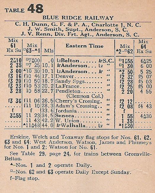 1947 Blue Ridge Railway Timetable
