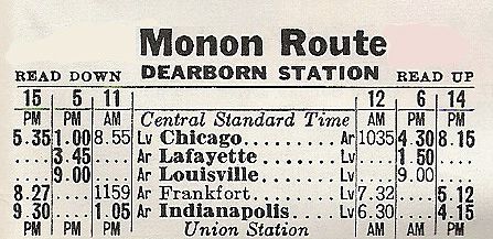 1956 MONON Route Condensed Timetable