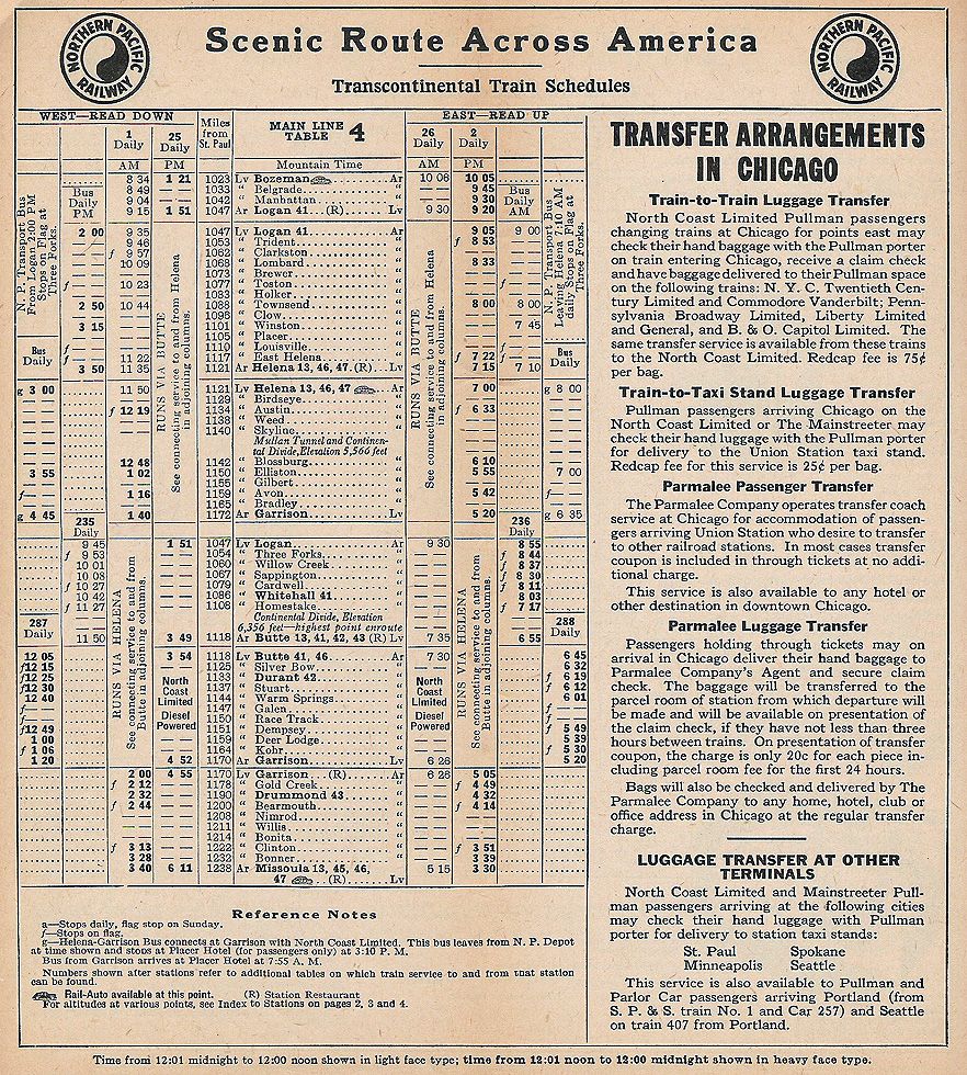 1955 NP Helena - Missoula Timetable
