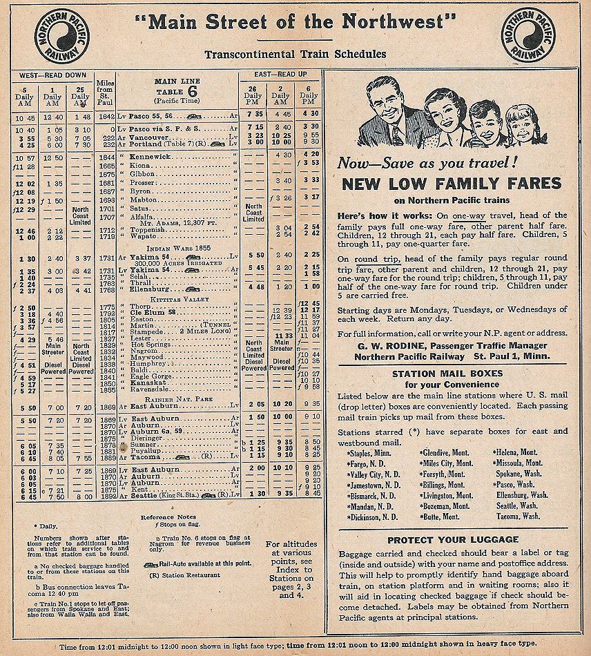 1925 NP Yakima - Seattle Timetable
