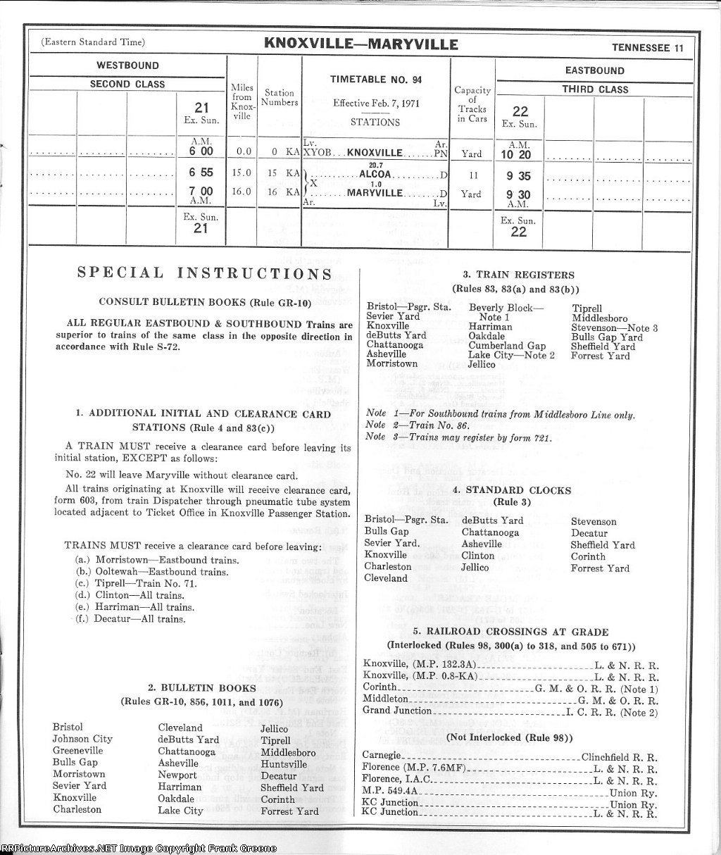 Tennessee Division Timetable No. 94, February 7, 1971 - Pg. 11