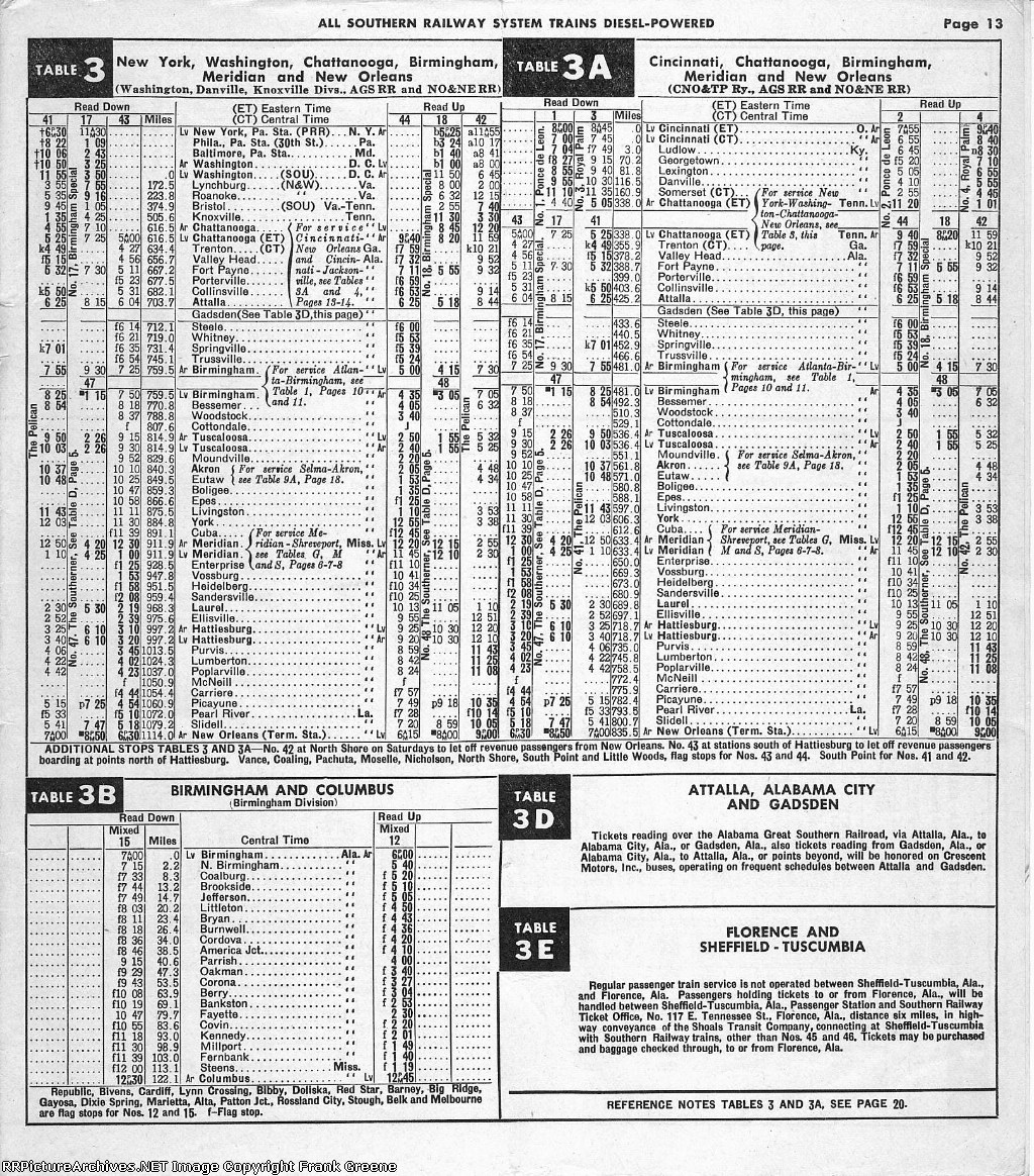 Southern Railway Passenger Timetable - December 20, 1953