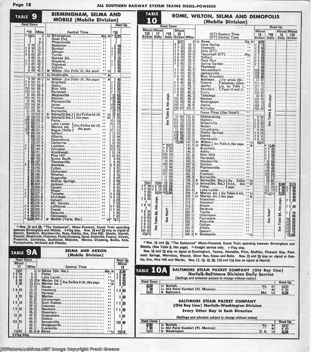 Southern Railway Passenger Timetable, December 20, 1953