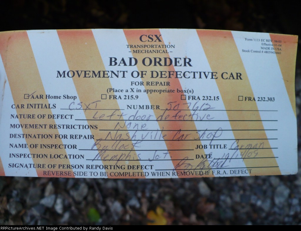 Bad Order tag from CSX 507612