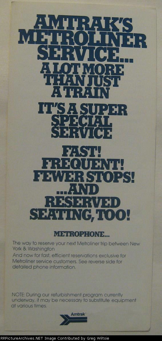 Amtrak Metroliner Pamphlet