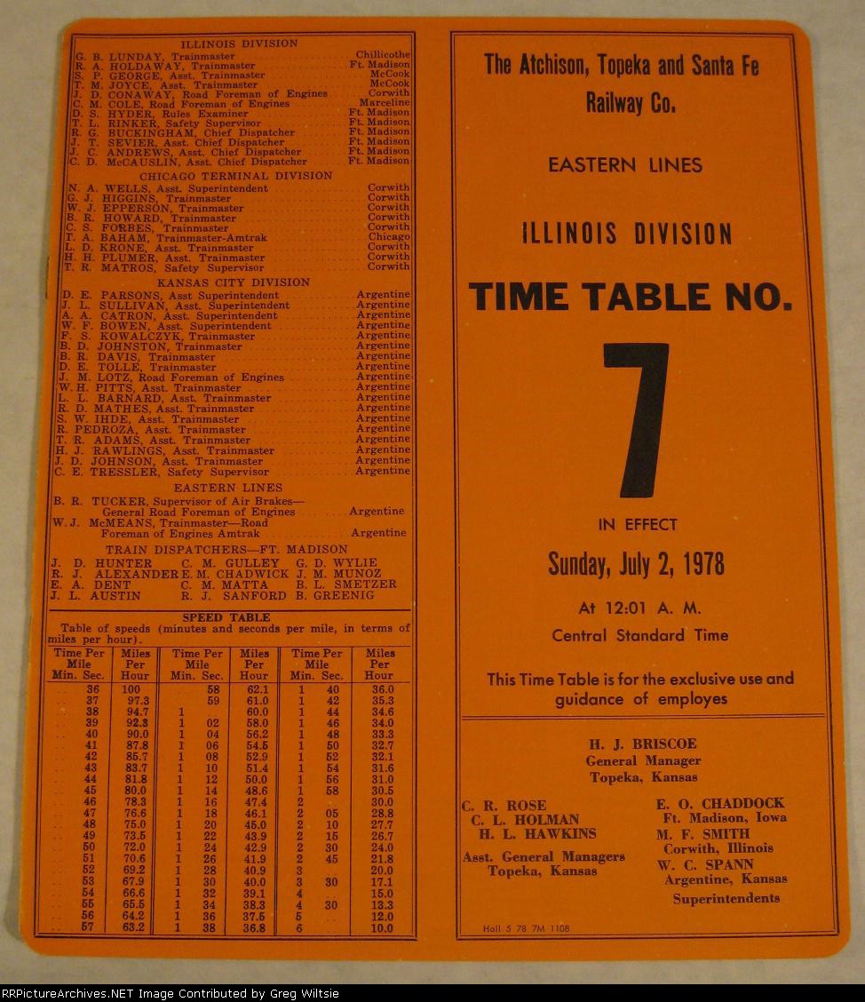 Santa Fe Eastern Lines Illinois Division Timetable 7