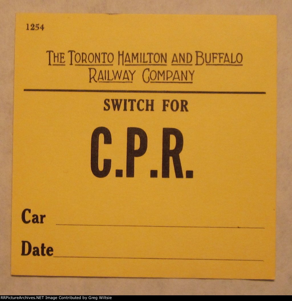 Toronto, Hamilton and Buffalo Railway Car Tag for CPR