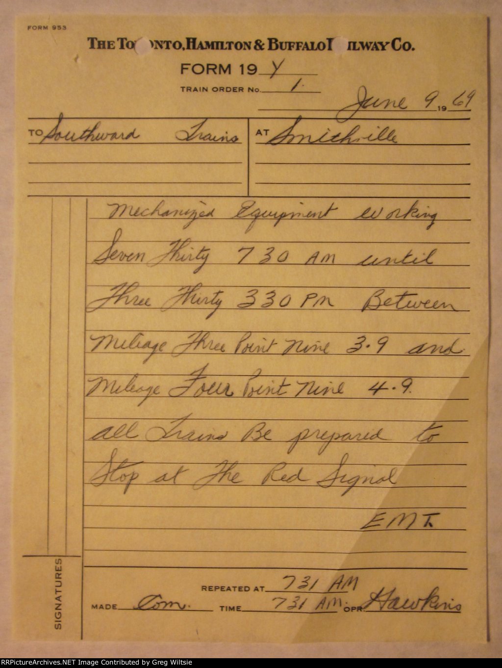 Toronto, Hamilton and Buffalo Railway Form 19