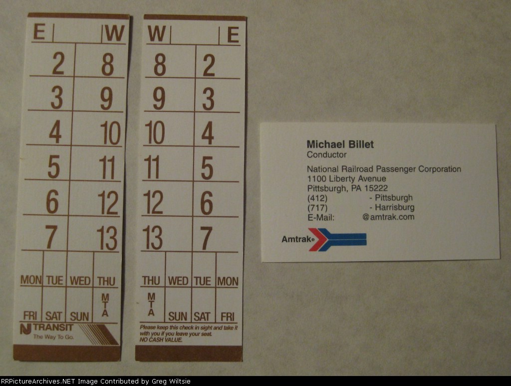 New Jersey Transit Seat Checks and an Amtrak business card